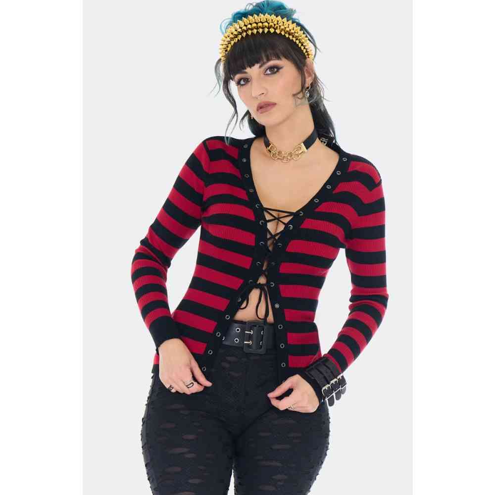 Jawbreaker Jawbreaker - Striped Red Lace Up Eyelet Cardigan - Red/Black